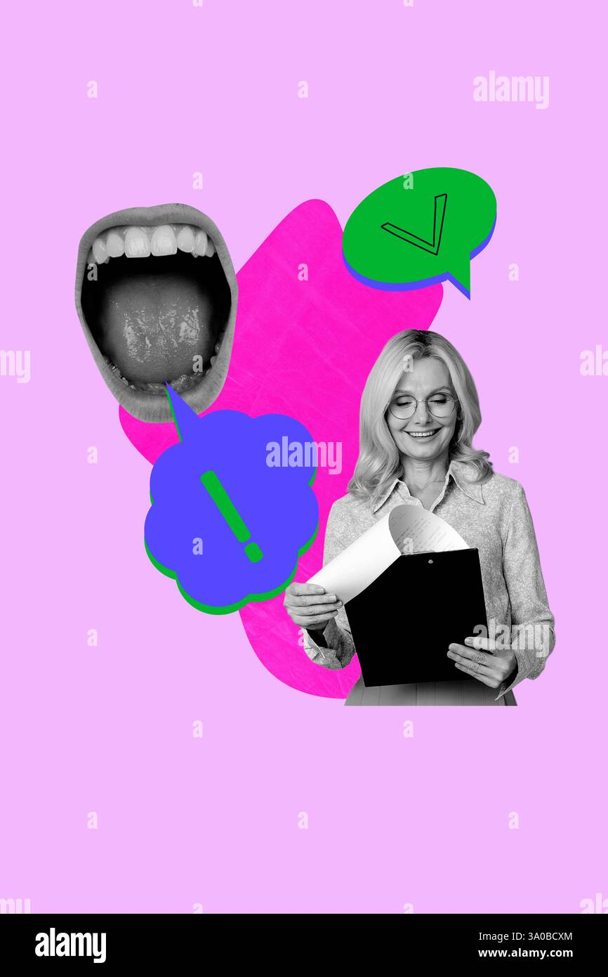 Vertical sketch 3d collage poster of happy old woman hold clipboard ...