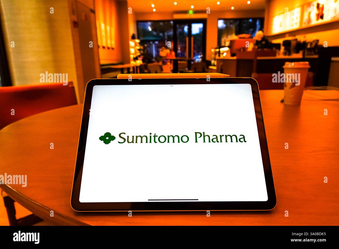In this photo illustration, a Sumitomo Pharma logo is displayed on the ...