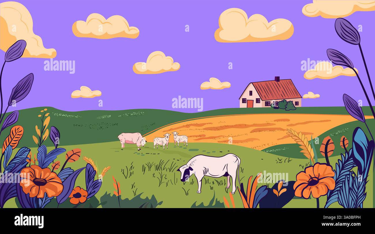 Farm landscape with sheep grazing in a vibrant field surrounded by ...