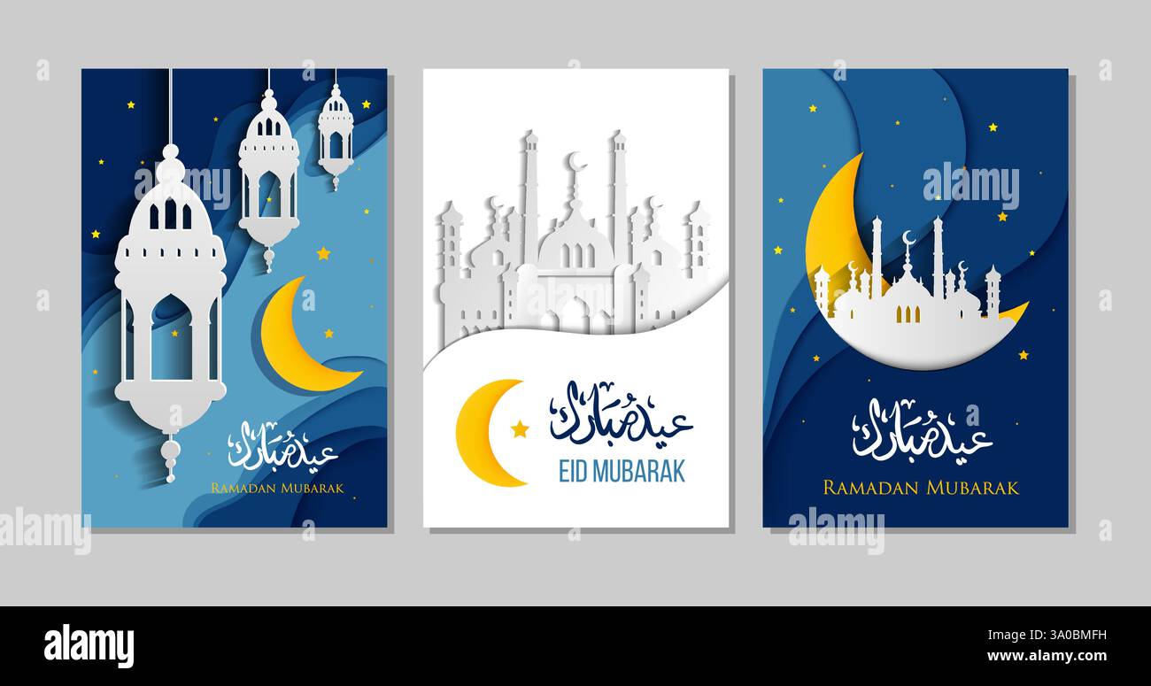Set of Ramadan Mubarak Greeting Cards with Mosque and Crescent Moon in ...