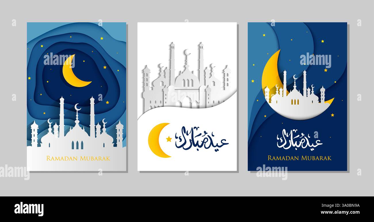 Set of Ramadan Mubarak Greeting Cards with Mosque and Crescent Moon in ...