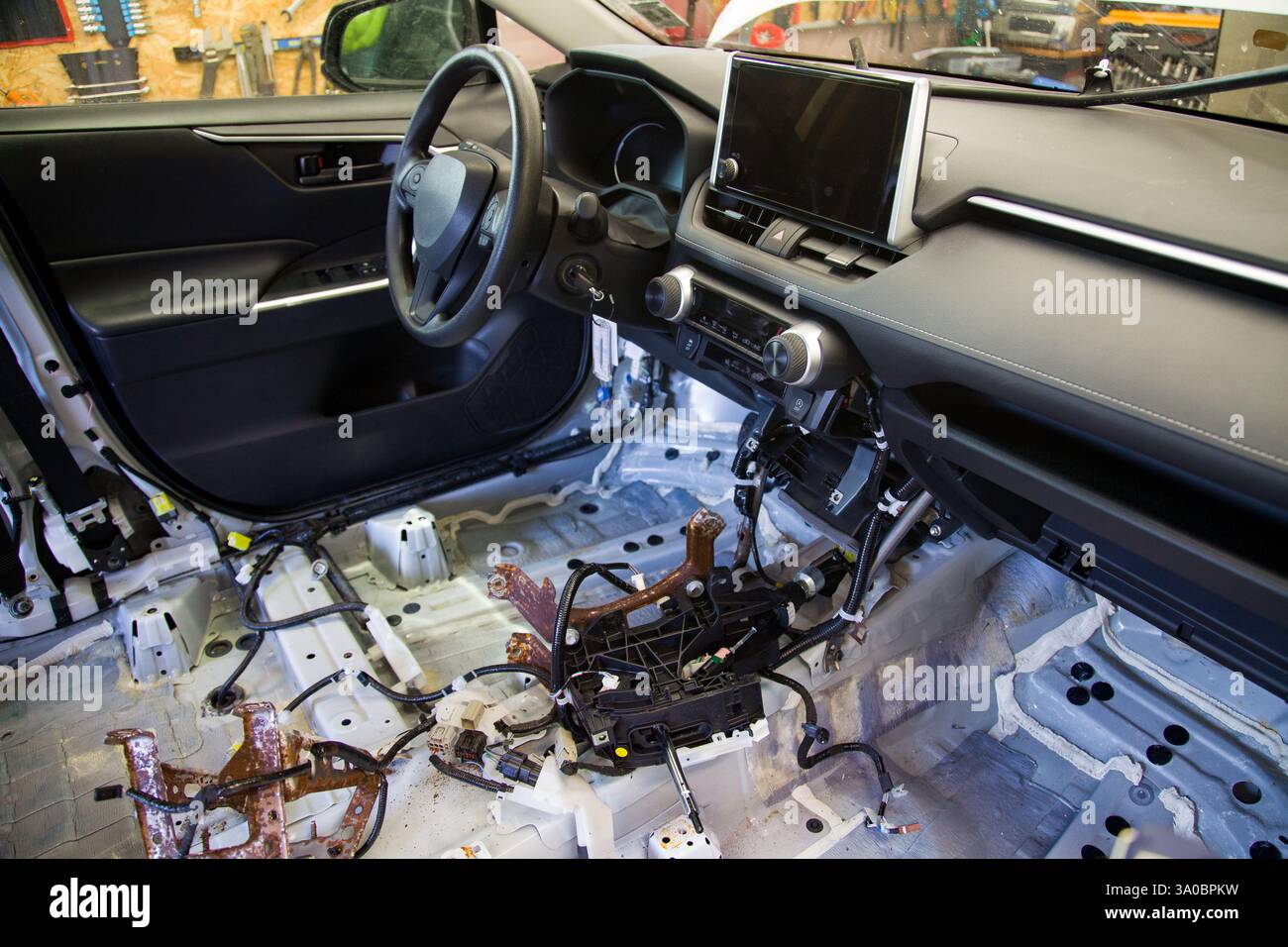 View from the inside of a submerged car with the interior and carpet ...