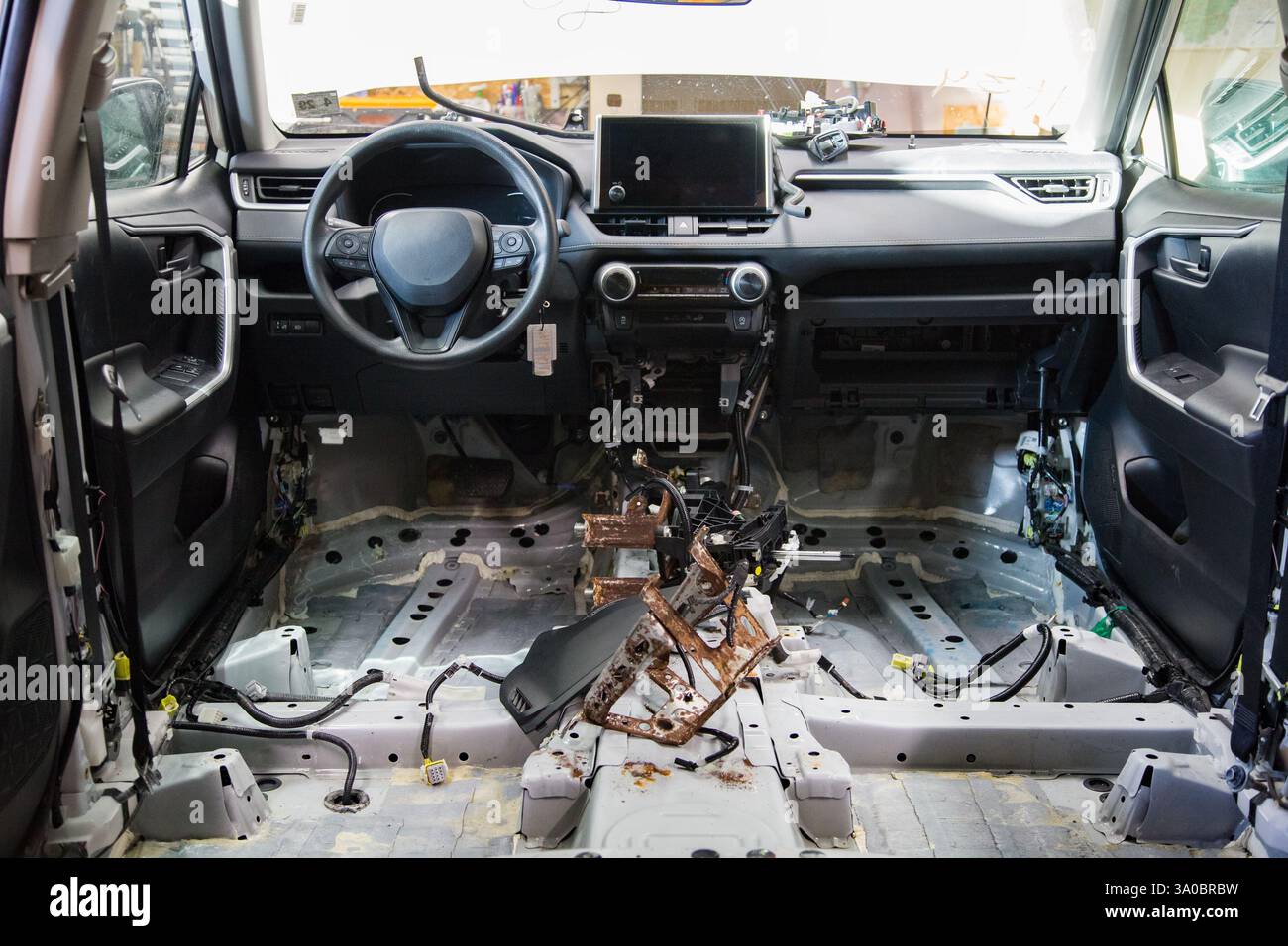 View from the inside of a submerged car with the interior and carpet ...