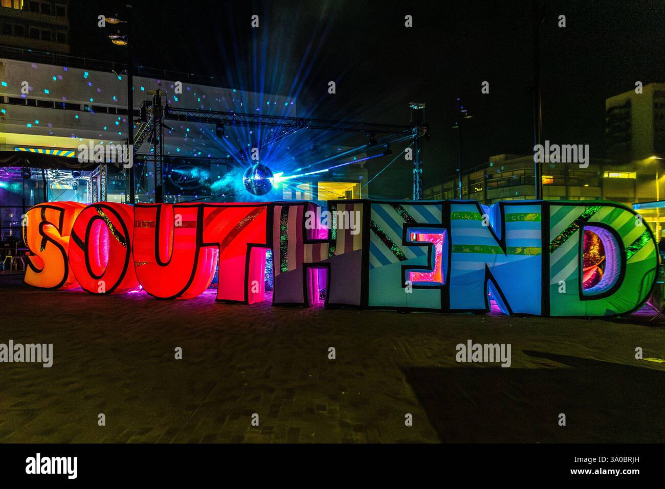 Huge Southend inflatable sign on display at night in Southend on Sea ...