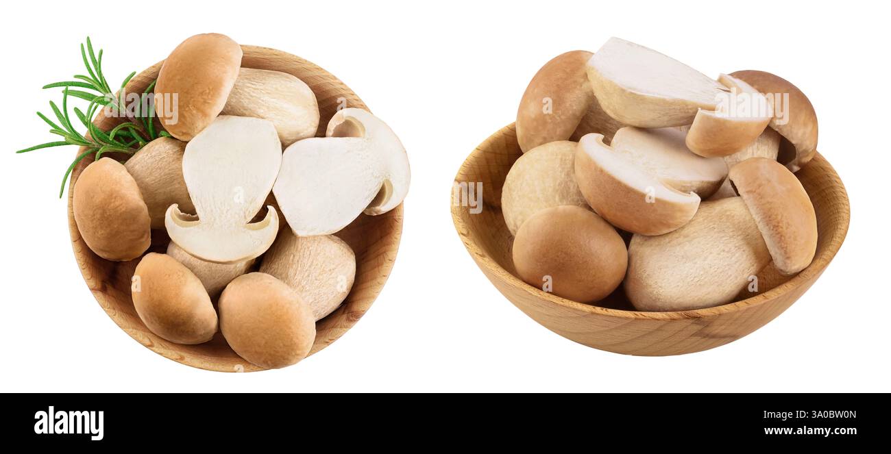 Fresh porcini cep mushroom in wooden bowl isolated on white background ...