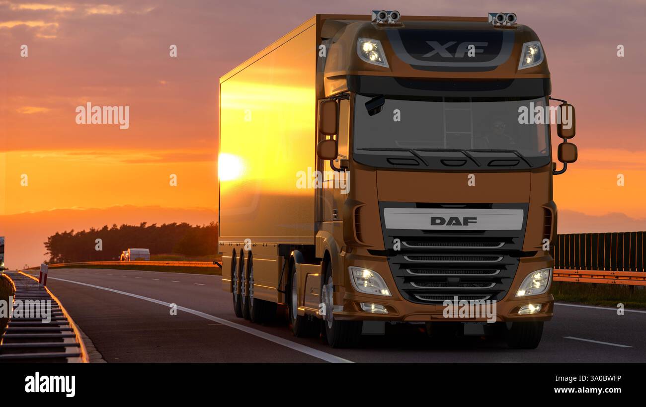 DAF XF Model Truck with company trailer on the highway Stock Photo - Alamy