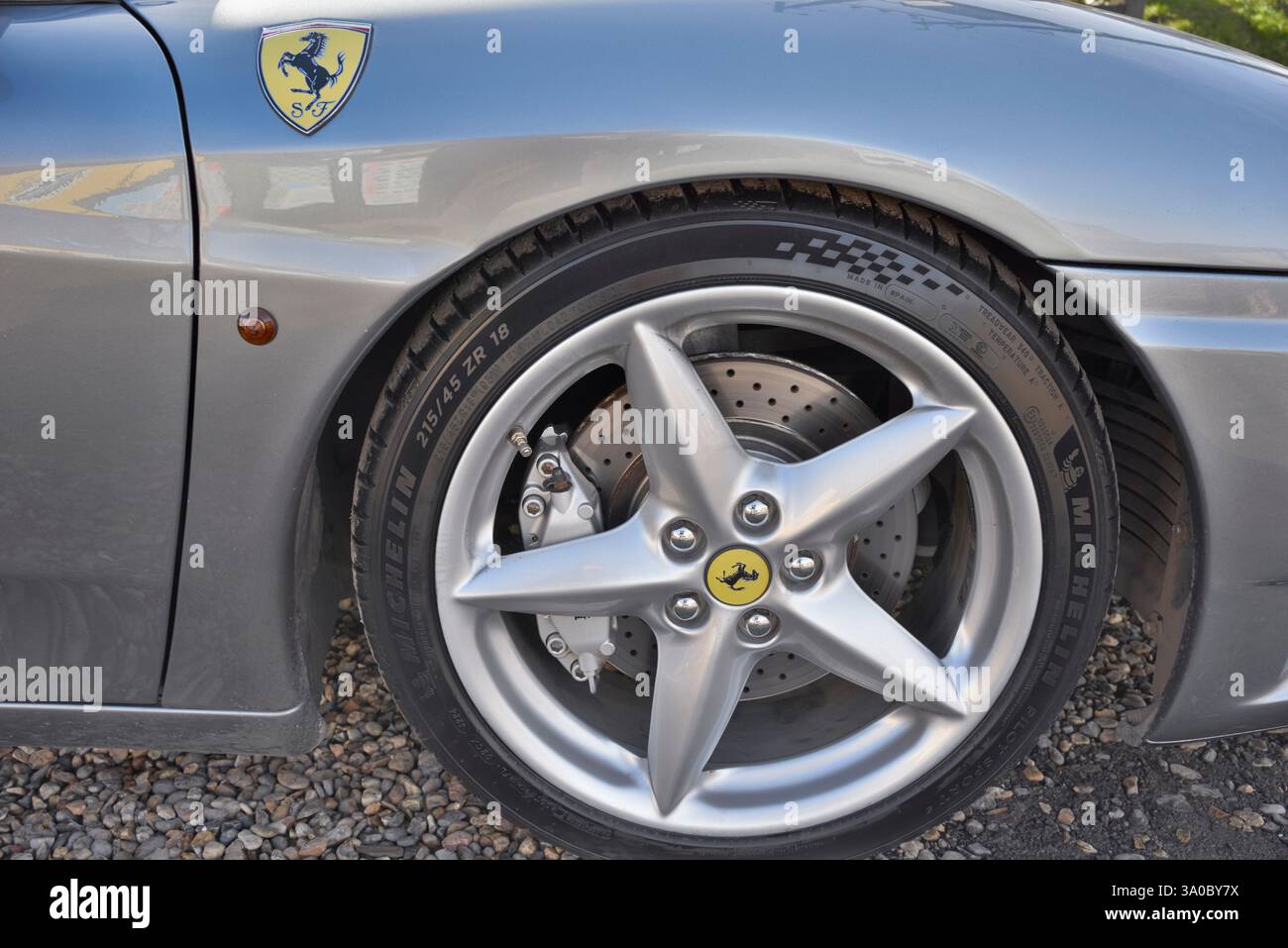 FERRARI 360, 2000, Brake caliper, front wheel, and wing logo detail ...