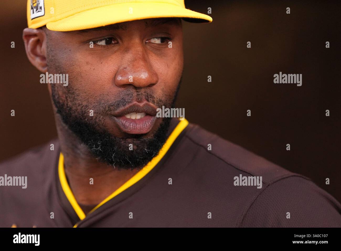 San Diego Padres left fielder Jason Heyward looks on from the dugout ...