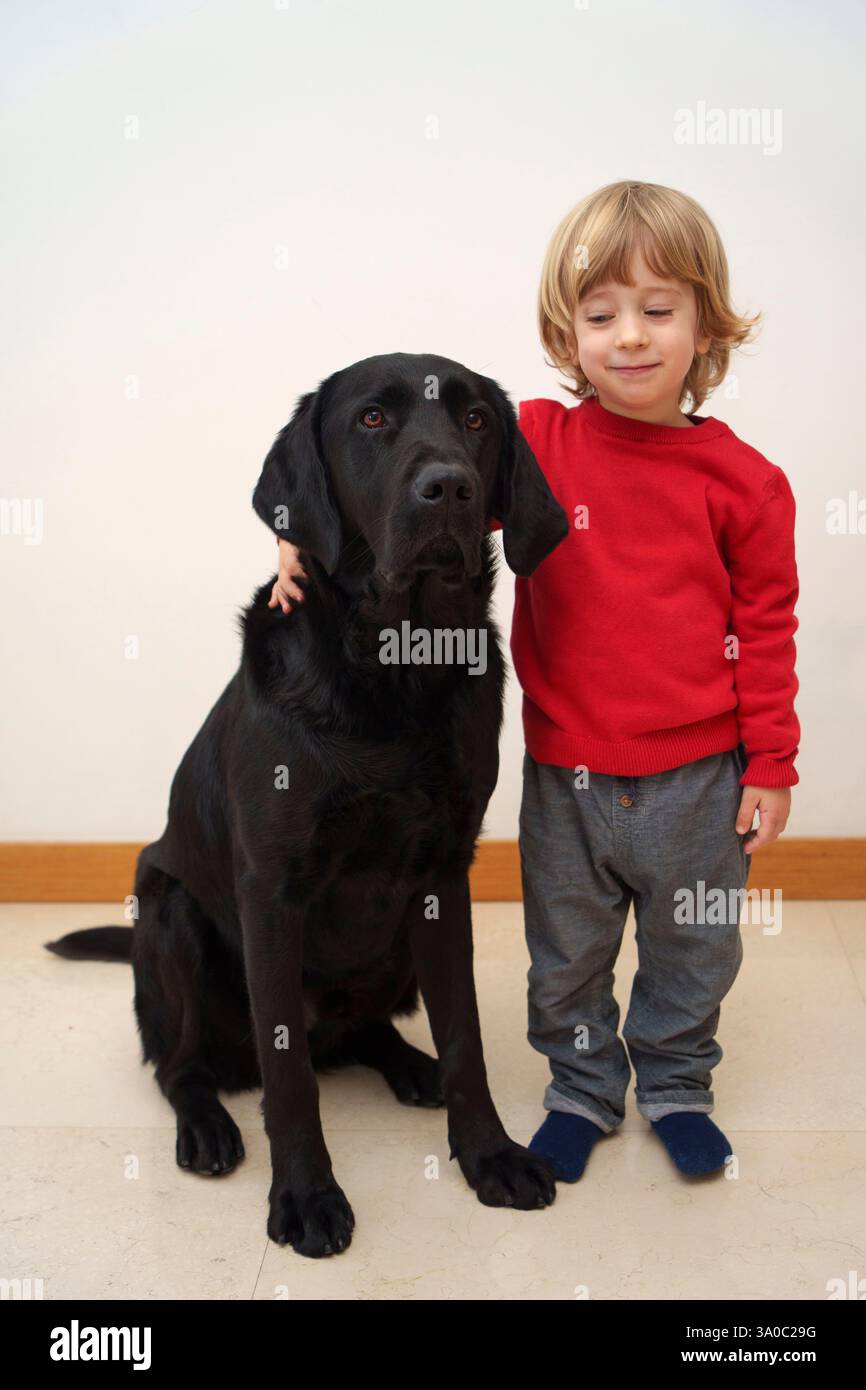 Toddler with black labrador retriever dog Stock Photo - Alamy