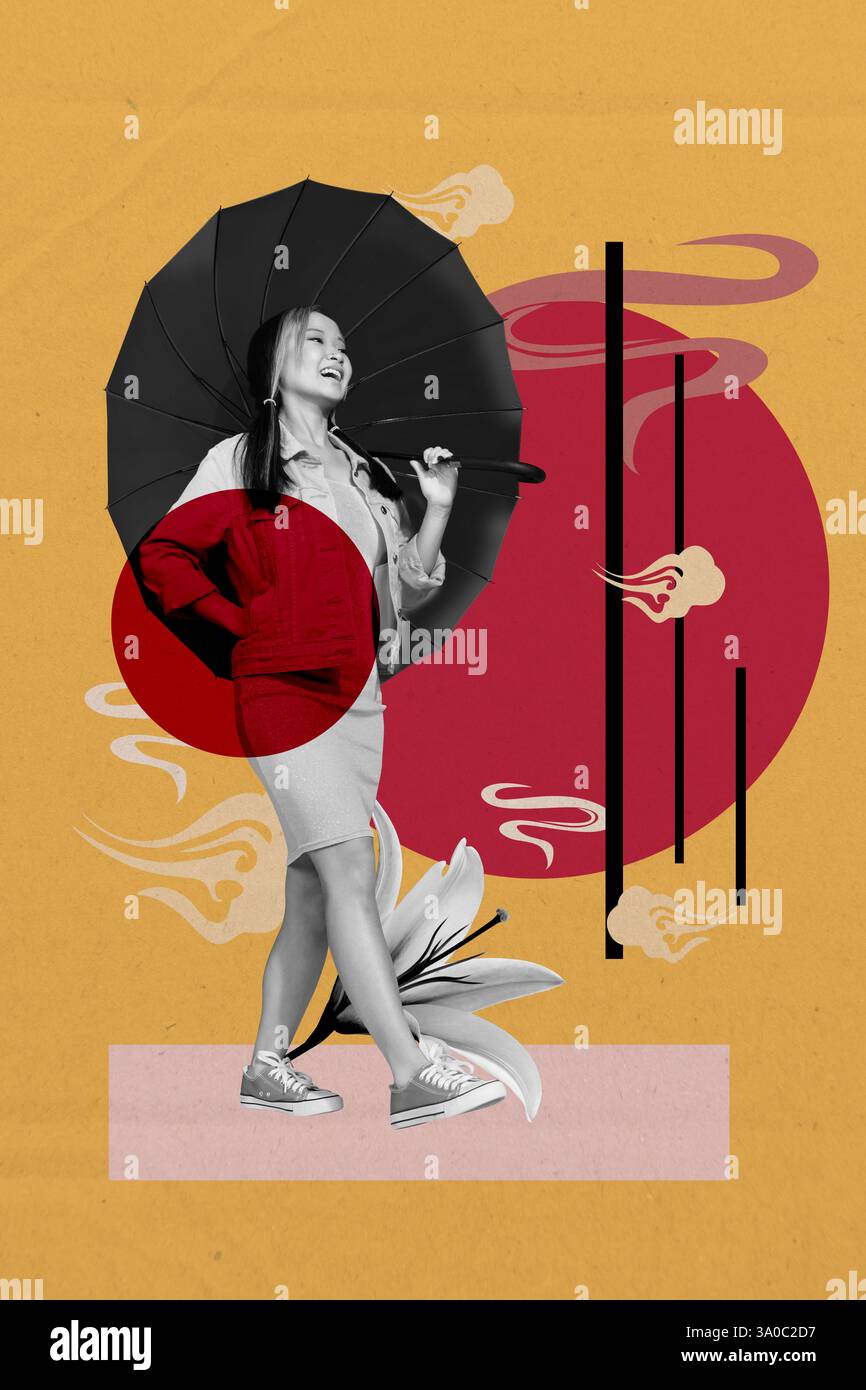 3D collage design composite trend artwork of young lady smile walk ...