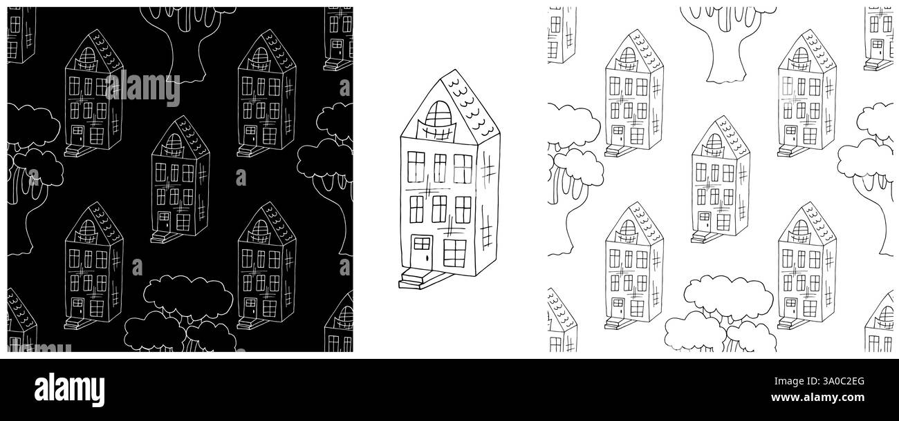Set seamless patterns with buildings. Building, residential. Seamless ...