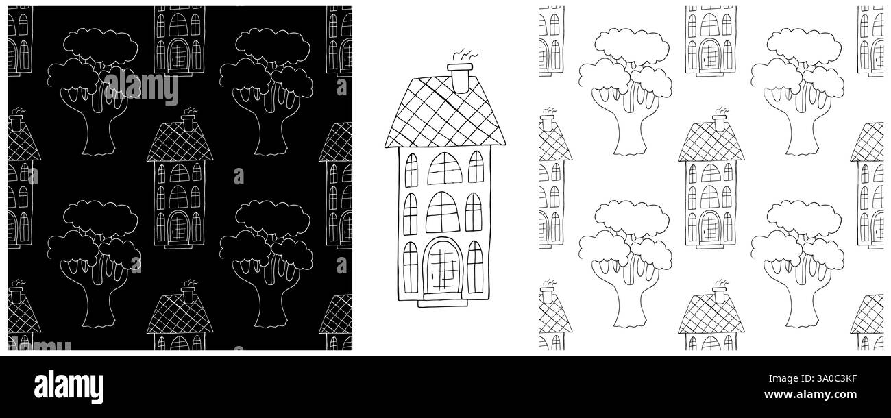 Set Seamless patterns with decorative Monochrome houses. Building ...
