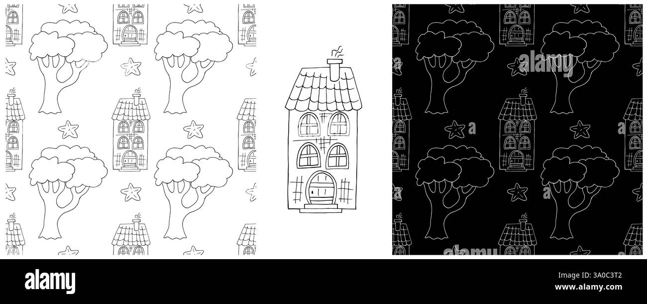 Set Seamless patterns with decorative Monochrome houses. Building ...