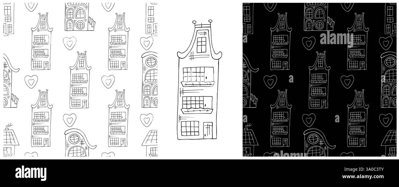 Set Seamless patterns with decorative Monochrome houses. Building ...