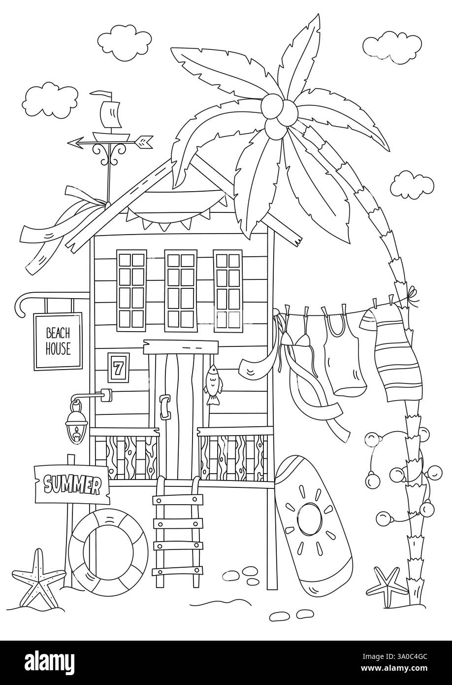 Summer Coloring Page Of Beach House For Adults And Kids Stock Vector ...