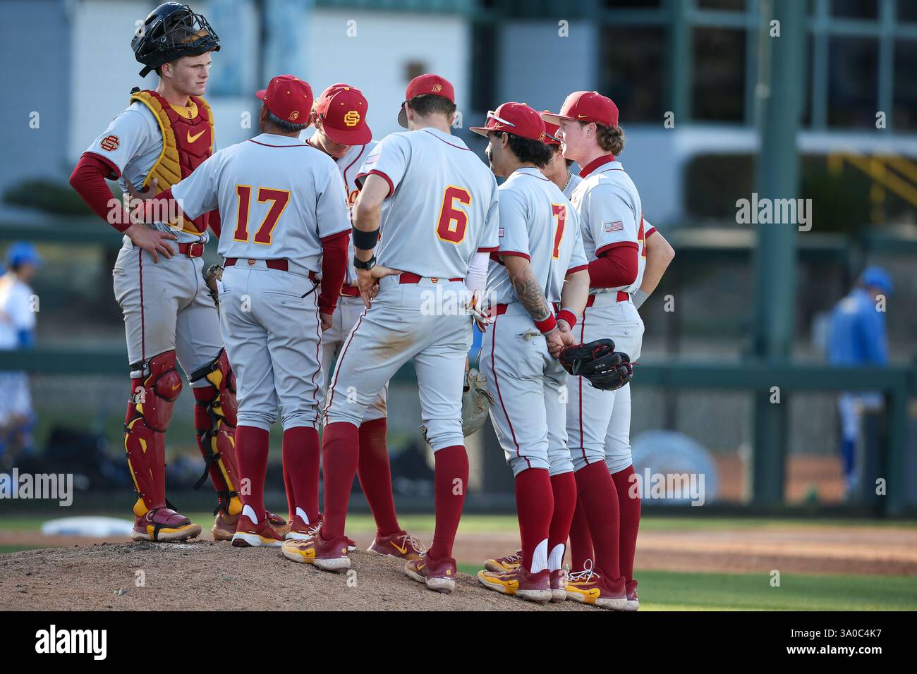 March 2, 2025: USCâ€™s infield meets on the mount following a three run ...