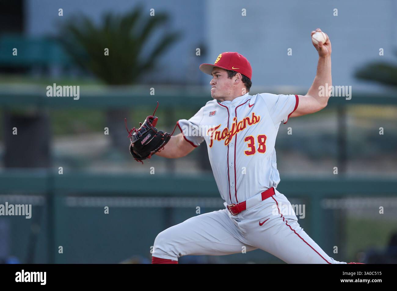 Los Angeles, USA. 2nd Mar, 2025. USC Pitcher Sax Matson (38) delivers a ...