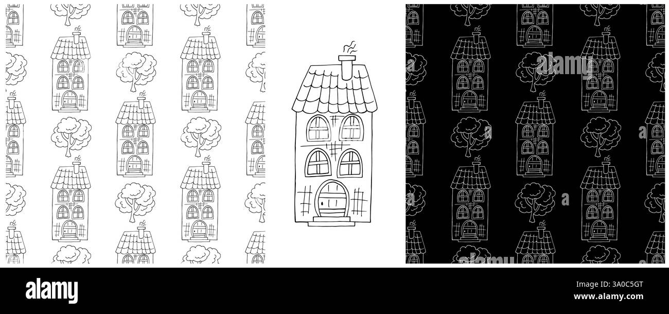 Set Seamless patterns with decorative Monochrome houses. Building ...