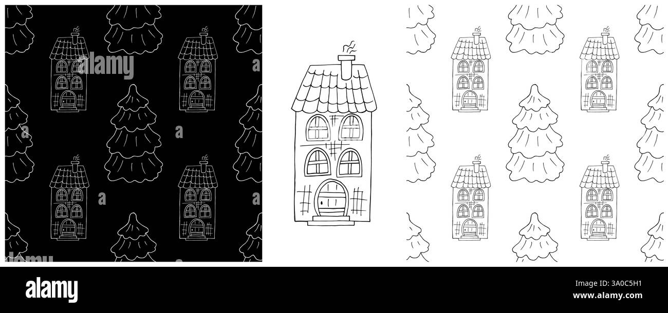 Set Seamless patterns with decorative Monochrome houses. Building ...