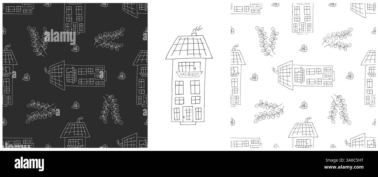 Set Seamless patterns with decorative Monochrome houses. Building ...