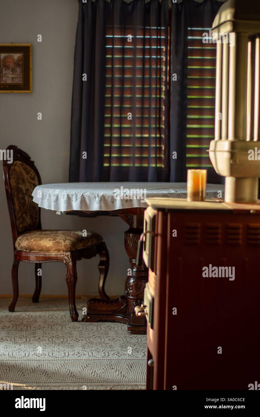 Old fashioned rustic elegance dining room interior with wood burning ...