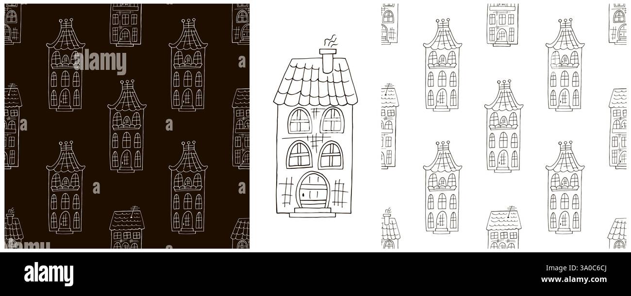 Monochrome. Set city seamless patterns. Pattern in hand draw style ...