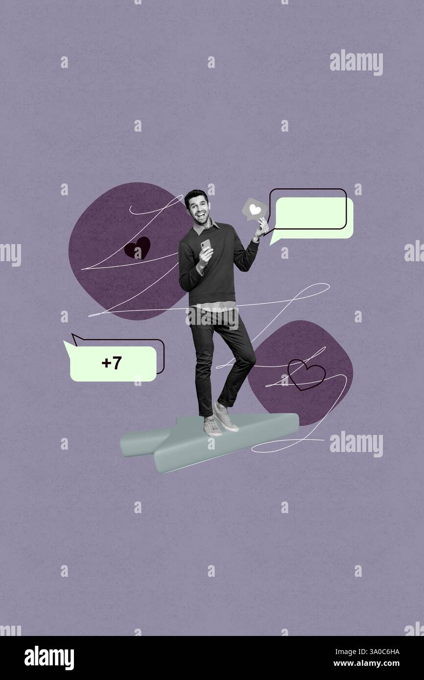 Poster image vertical photo collage of happy guy hold phone cursor ...