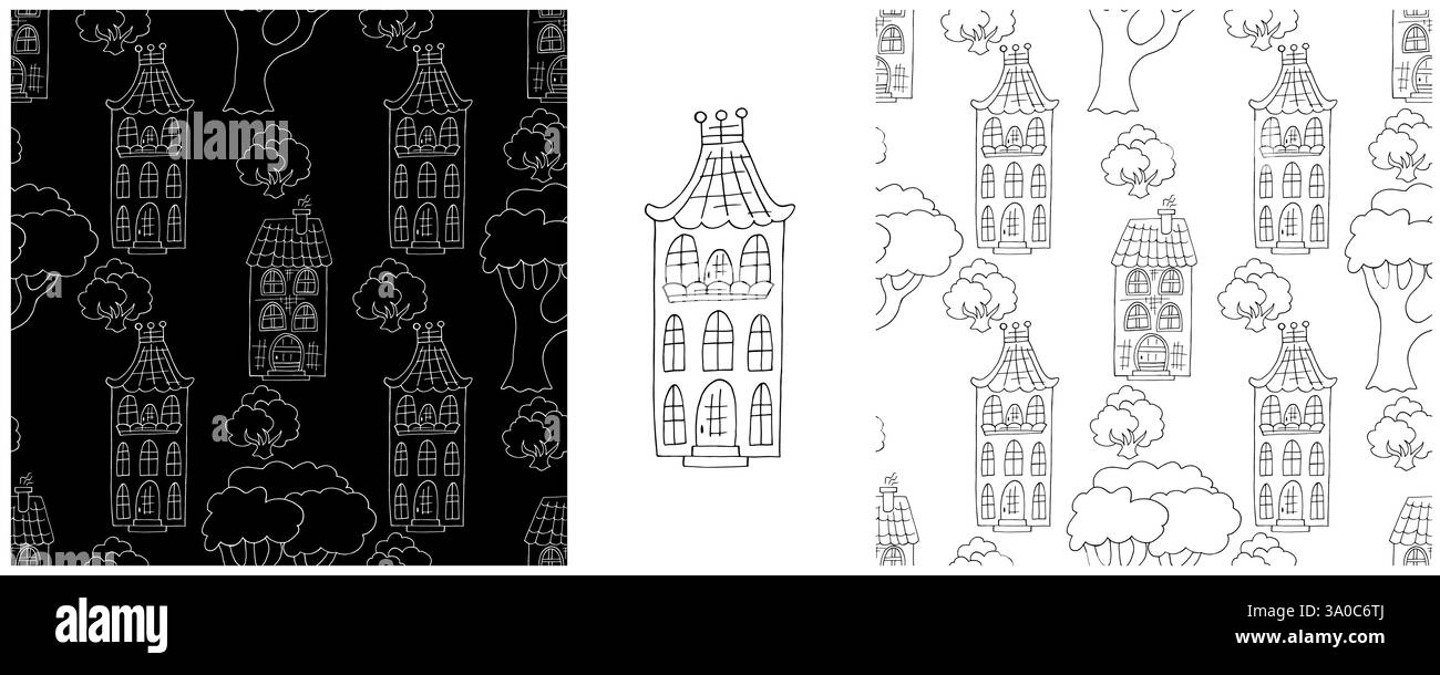 Set Seamless patterns with decorative Monochrome houses. Building ...