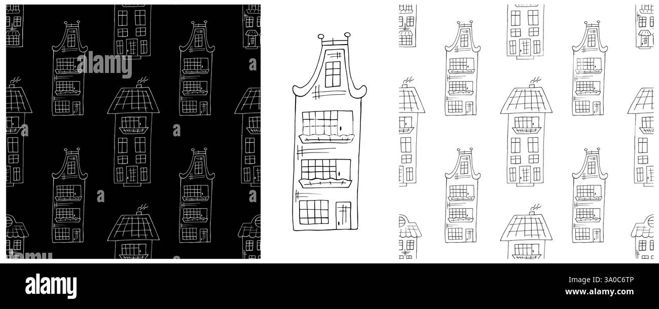 Set Seamless patterns with decorative Monochrome houses. Building ...