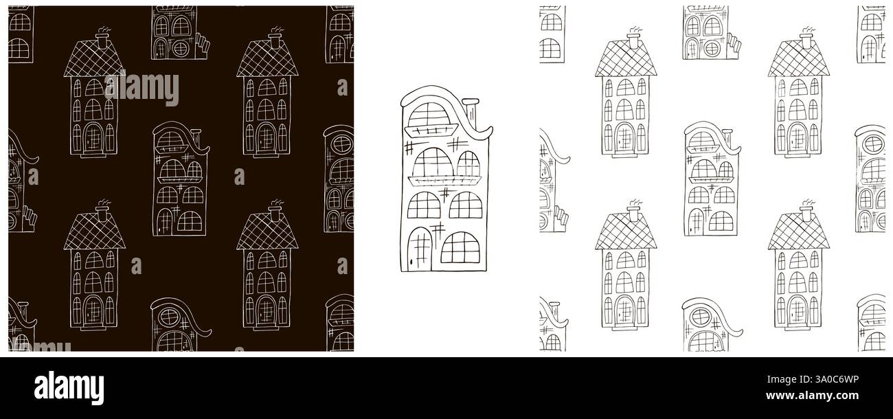 Set Seamless patterns with decorative Monochrome houses. Building ...