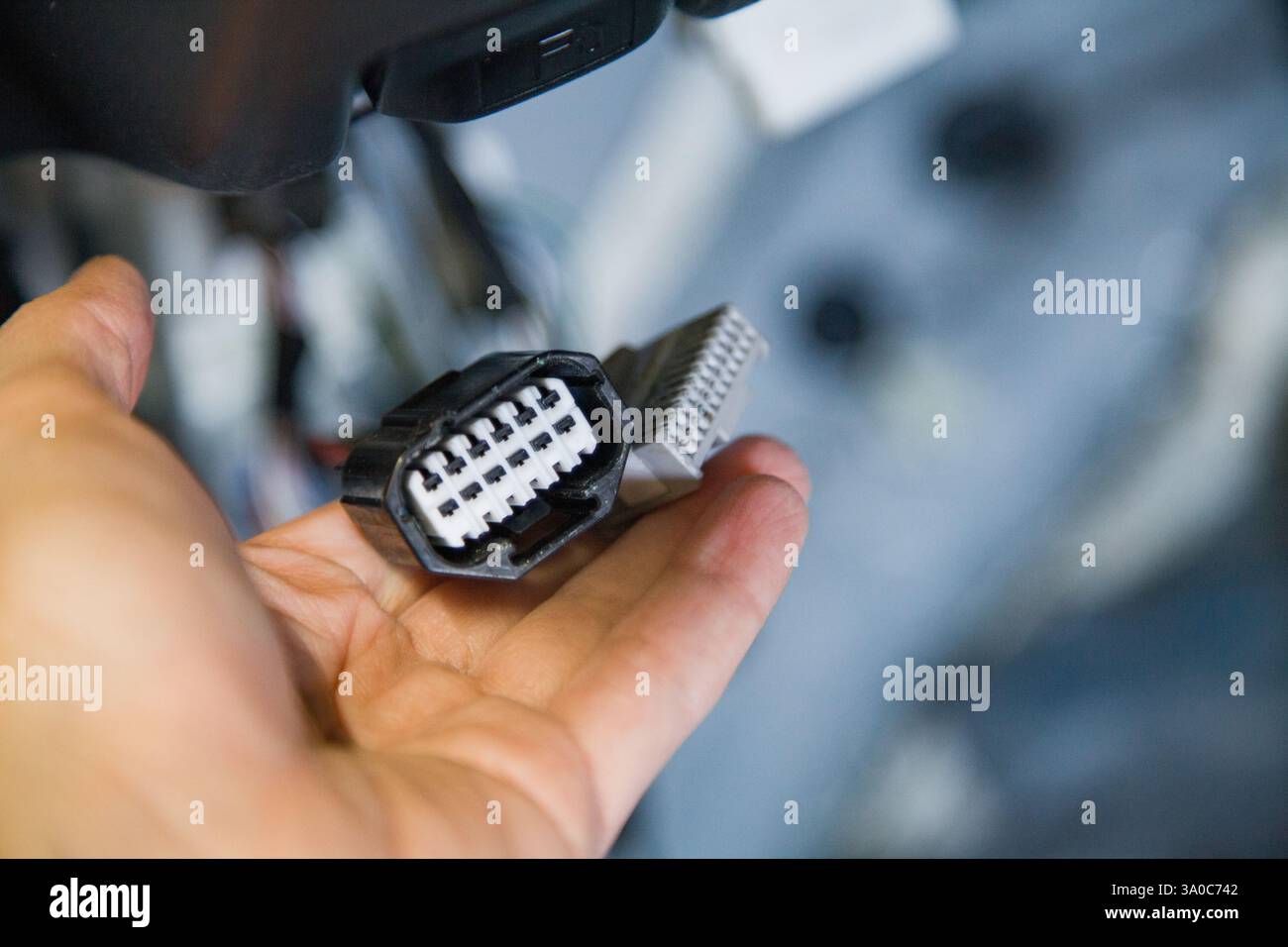 The mechanic holds damaged, oxidized car wiring connectors inside the ...