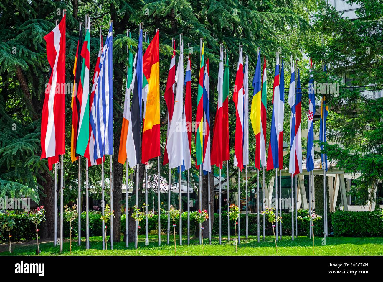 Row of international flags waving outdoors in a park setting. Symbolic ...