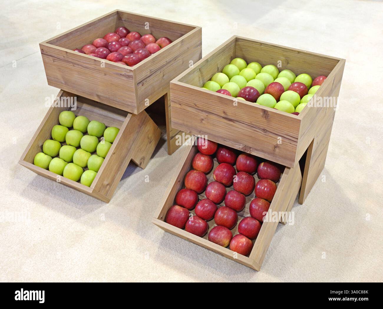 Red and Green Apples in Wooden Crates Fruits Display Case Stock Photo ...