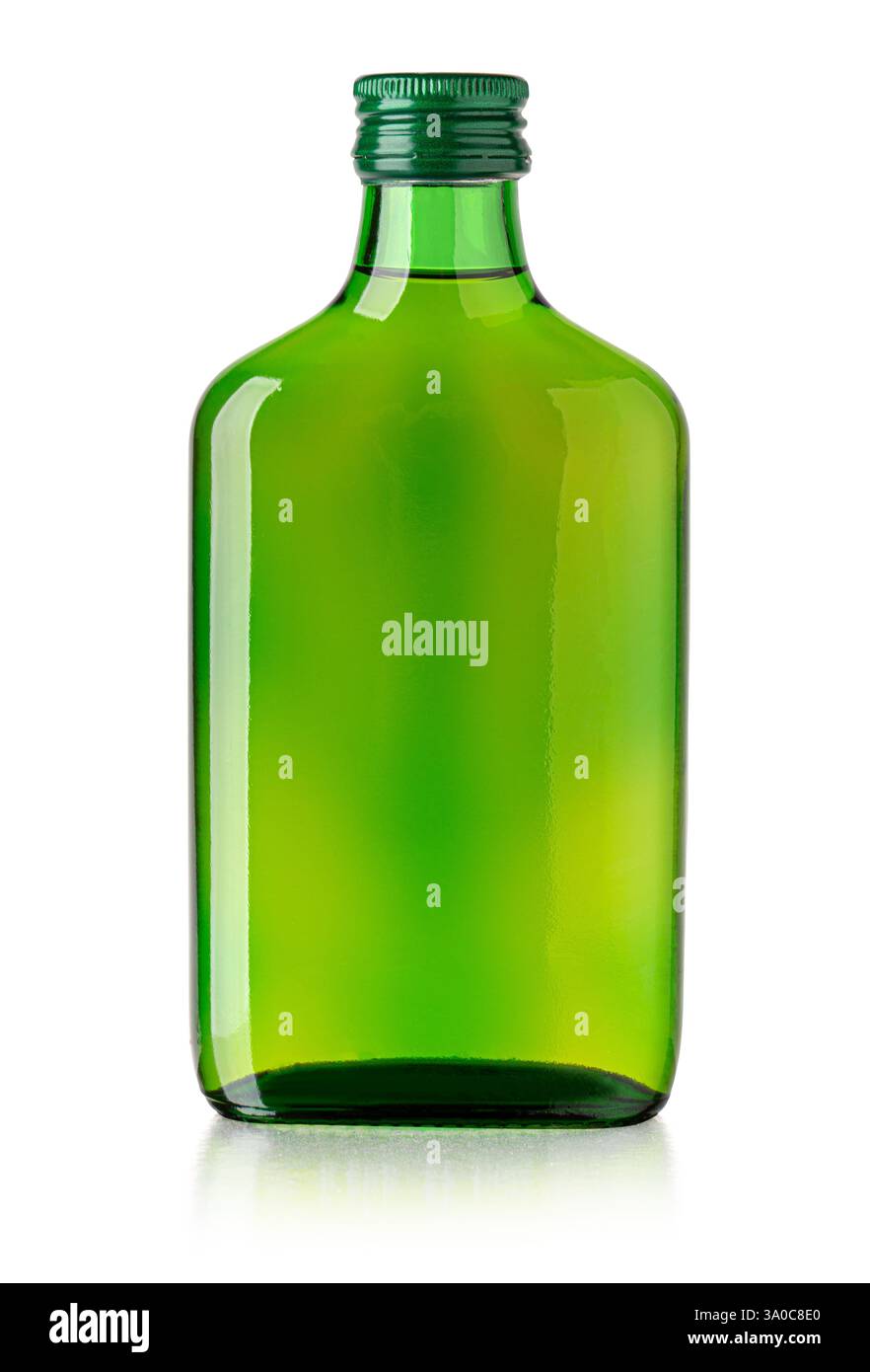 Green glass bottle full of transparent liquid product, isolated on ...