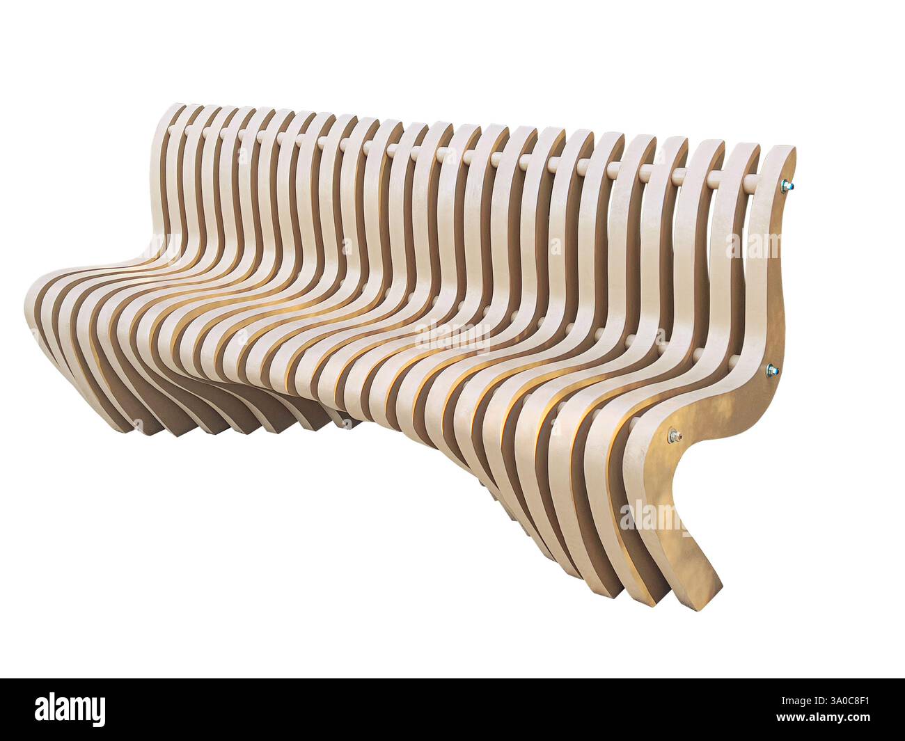 Stylish wooden bench with curved lines isolated on a white background ...
