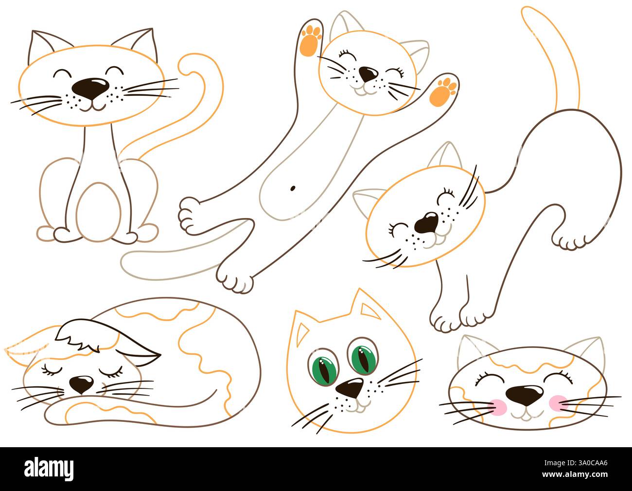 Cats. Set of illustrations in hand draw style. Hand drawn, color ...