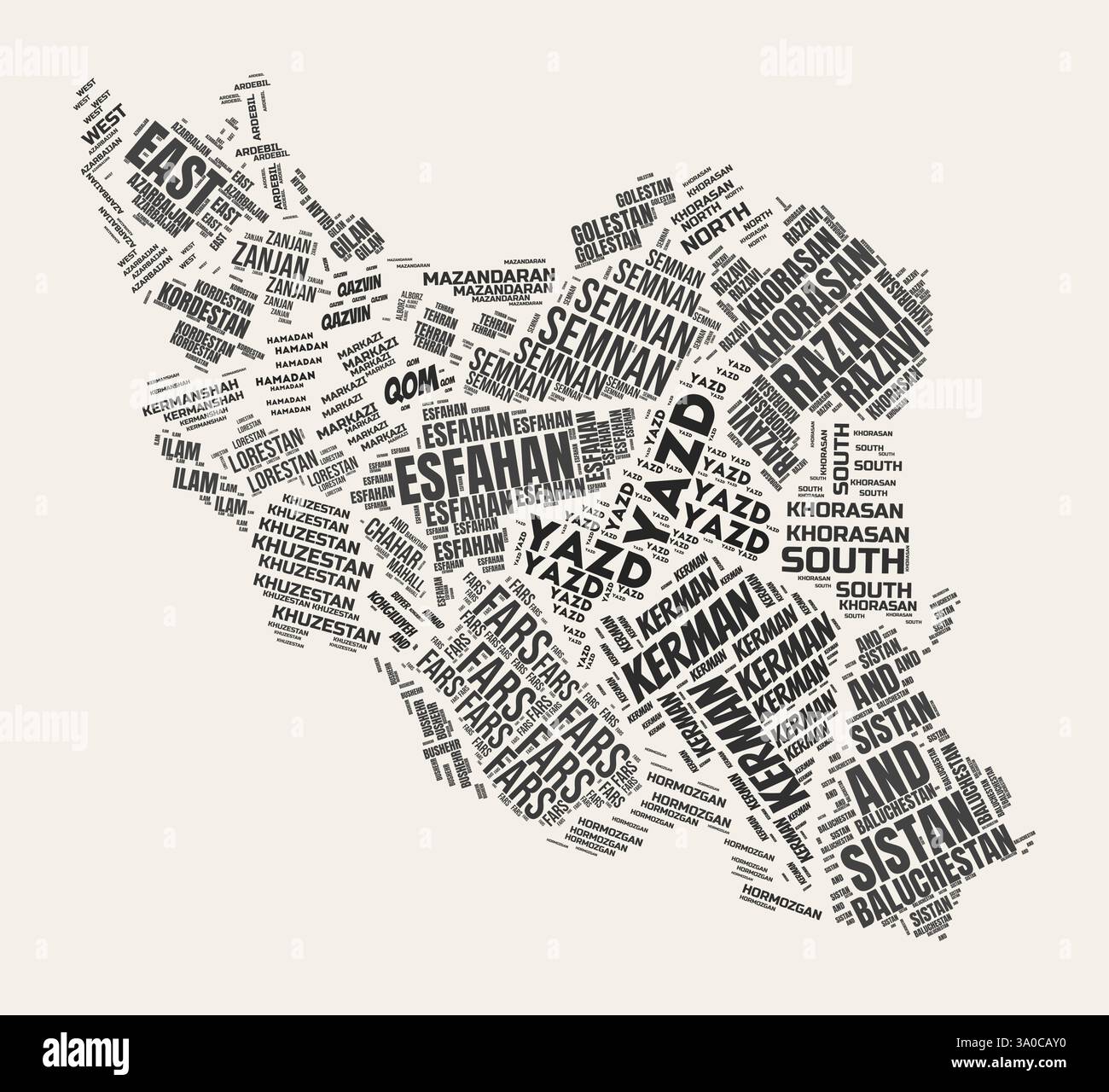 Iran Word Cloud. Country with regions division. Iran typographic text ...