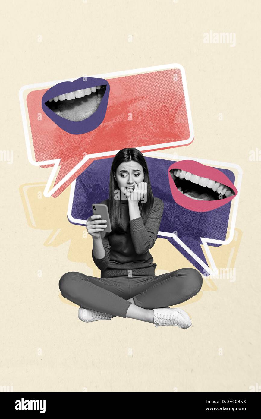 Poster image vertical photo collage of panic girl hold phone cyberbully pressure mouth talk ...