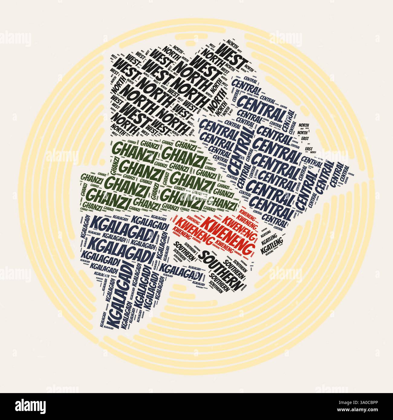 Botswana Round Poster. Typography style image of Country. Regions word ...