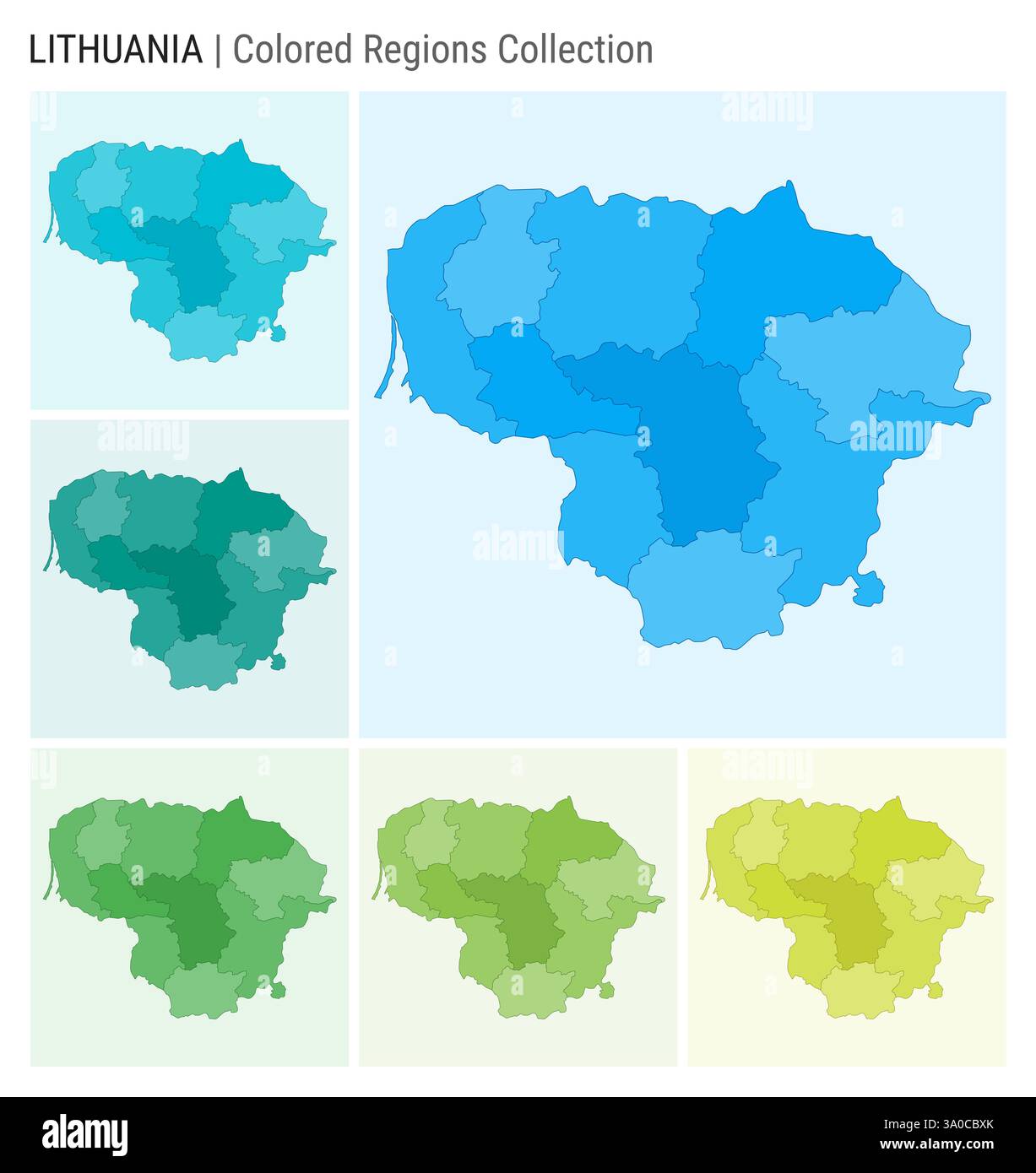 Lithuania map collection. Country shape with colored regions. Light ...