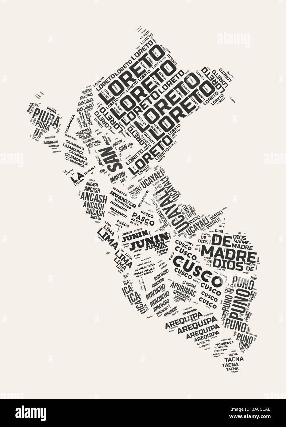 Peru Word Cloud. Country with regions division. Peru typographic text ...