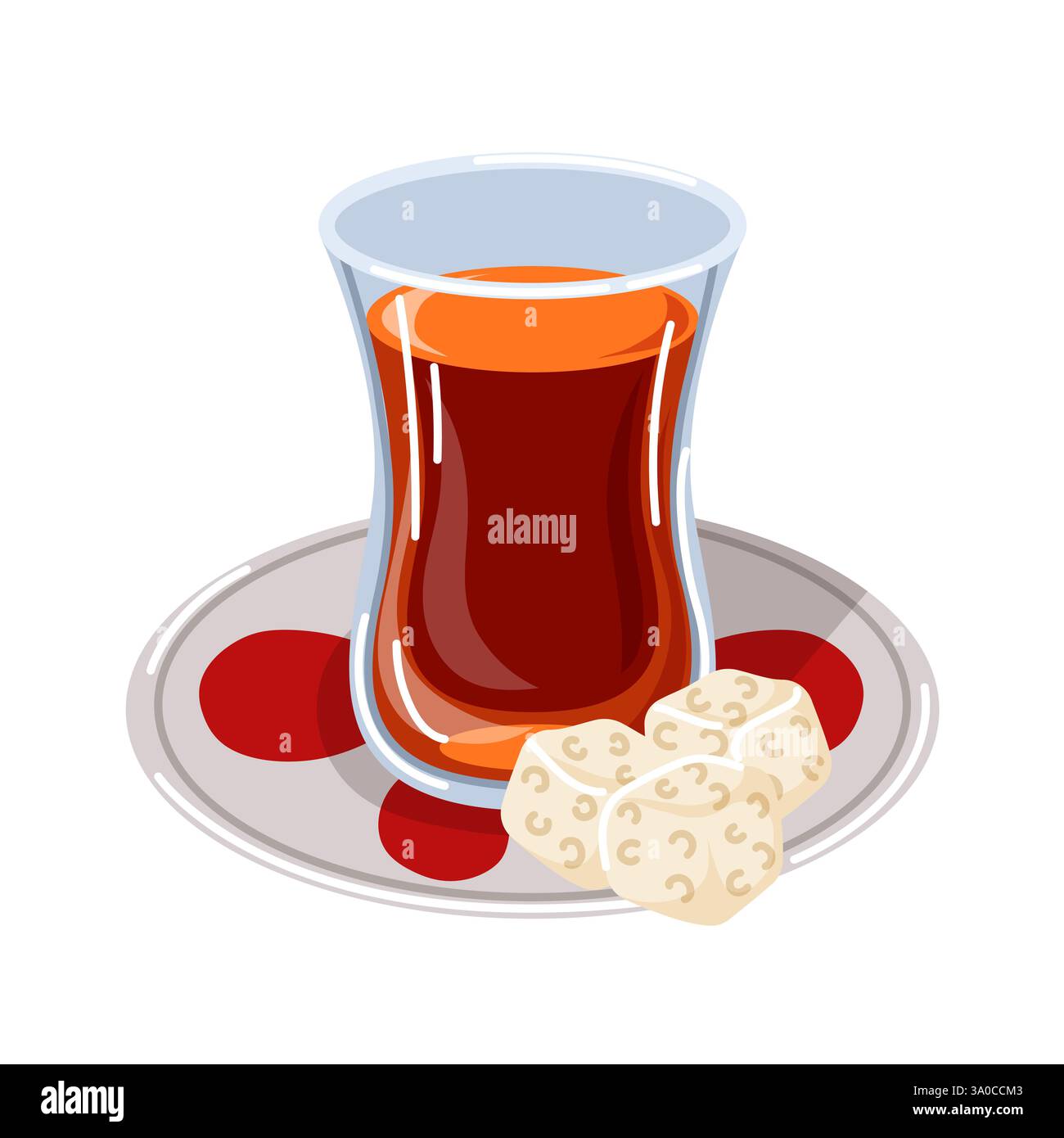 Traditional Turkish tea in a tulip shaped glass on saucer with sugar ...