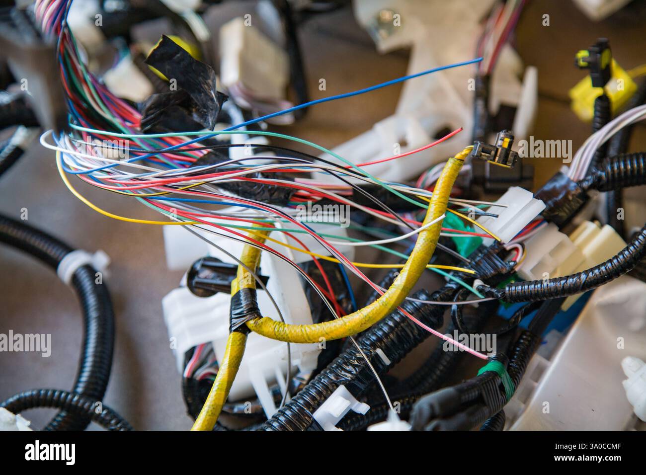 Wires, connectors, modules, and connections from a new car wiring ...