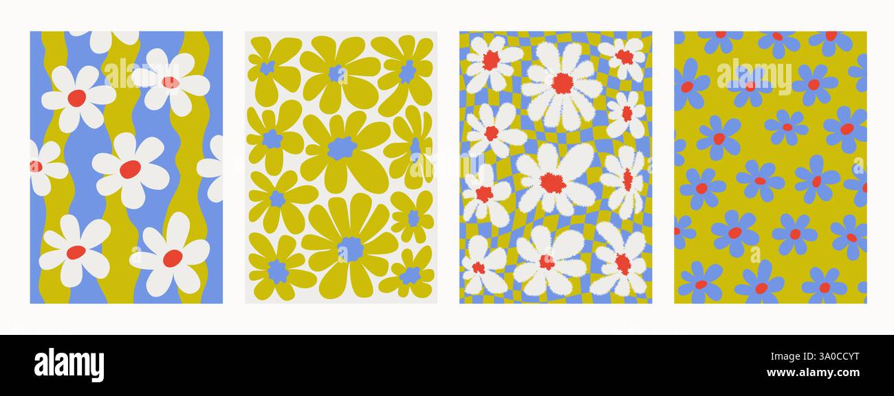 Abstract psychedelic retro pattern set. Groovy backgrounds with daisy ...