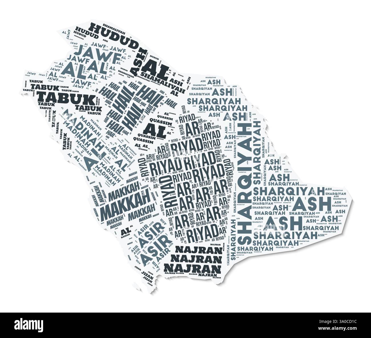 Saudi Arabia shape text cloud. Country border with shadow on white ...