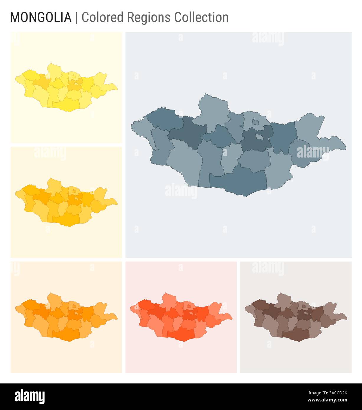 Mongolia map collection. Country shape with colored regions. Blue Grey ...