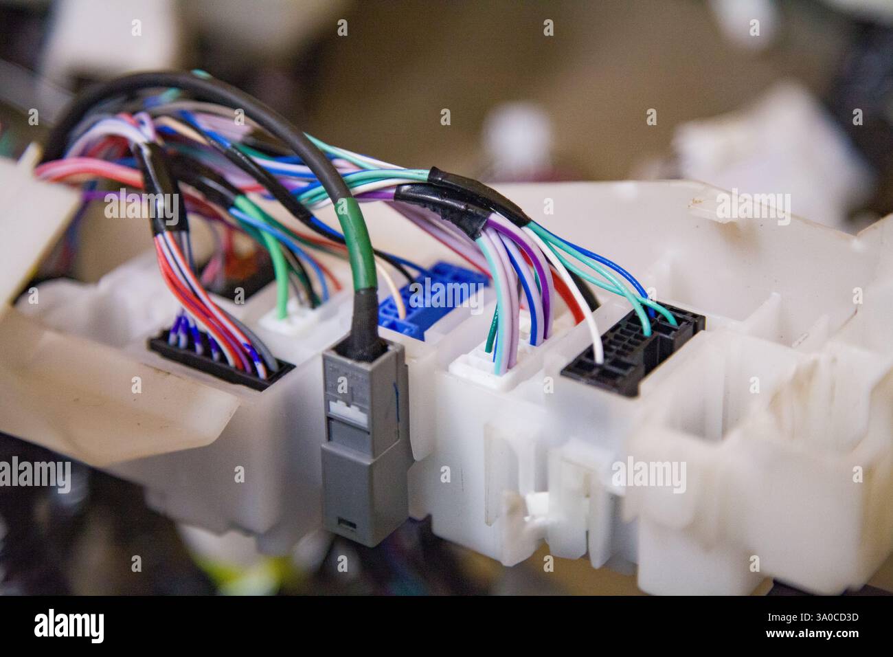 Wires, connectors, modules, and connections from a new car wiring ...
