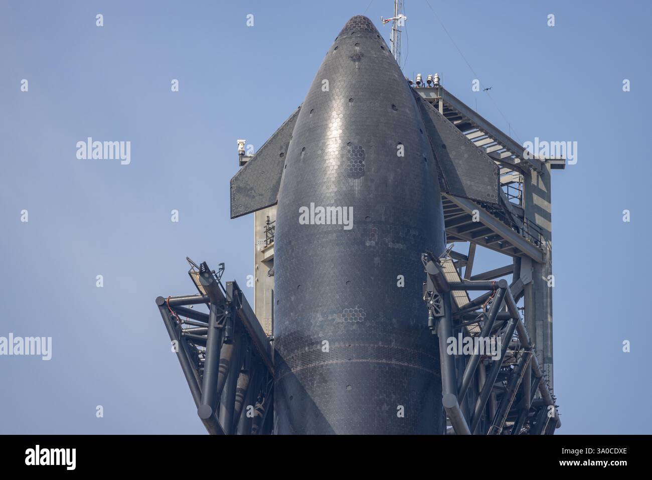 Fully stacked on the OLM Orbital Launch Mount is Starship ktest flihgt ...