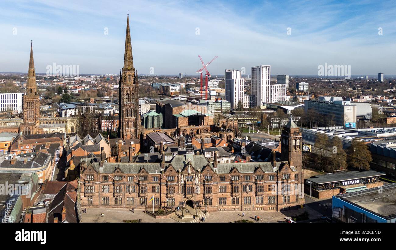 Aerial view of Coventry city center showing the ruins of the old ...