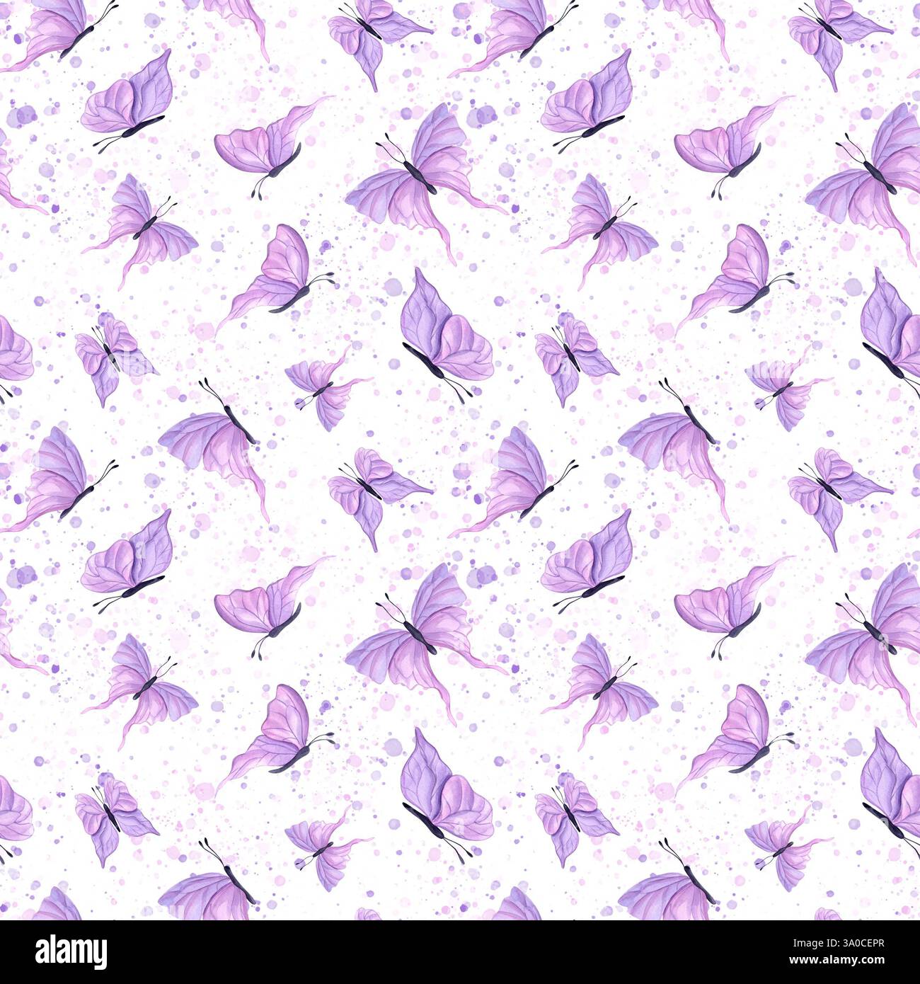 Fluttering pink, purple butterfly seamless pattern on watercolor ...